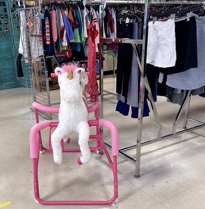 A unicorn holding court among the children's clothes. Even mythical creatures can't resist AMVETS' bargain prices.