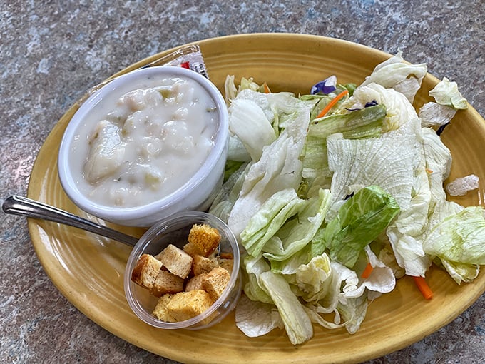 Even the salad doesn't pretend to be something it's not—honest ingredients that let you feel virtuous while saving room for what's coming next.