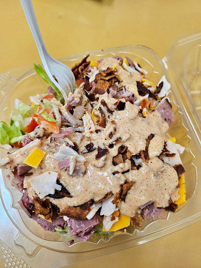 Salad gets the Wally's treatment – no sad desk lunch here, just a protein-packed flavor explosion that happens to include some vegetables.