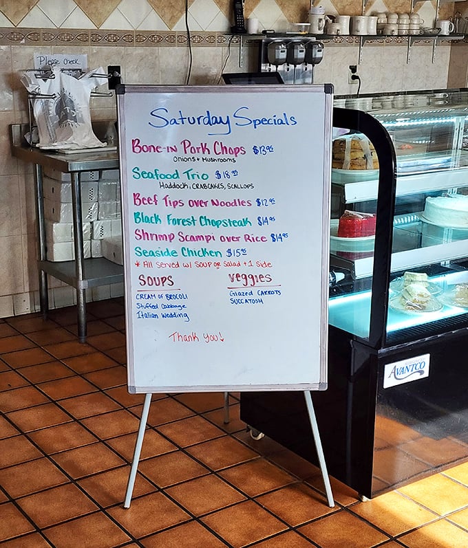 The Saturday Specials board—where weekend dreams are made. "Bone-in Pork Chops" just sounds like a hug from your favorite aunt.
