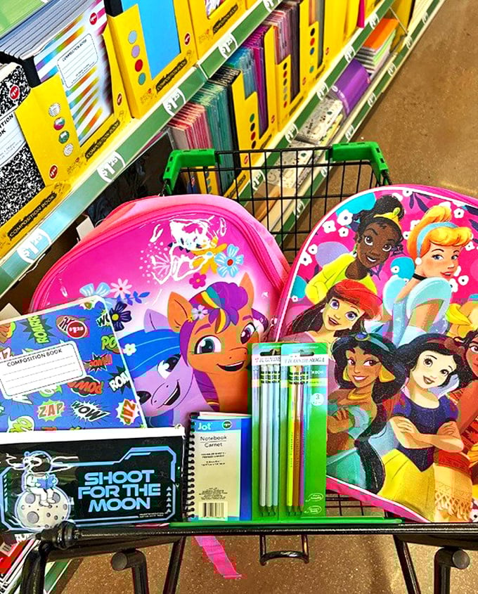 Back-to-school shopping cart filled with colorful supplies – childhood excitement and parental budget relief coexisting in perfect harmony.