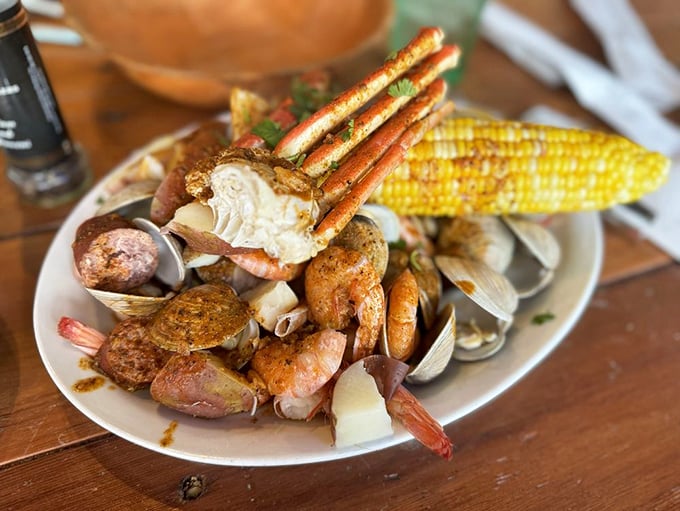 The seafood platter that launched a thousand food dreams—a treasure trove of clams, shrimp, crab legs, and corn that demands to be shared.