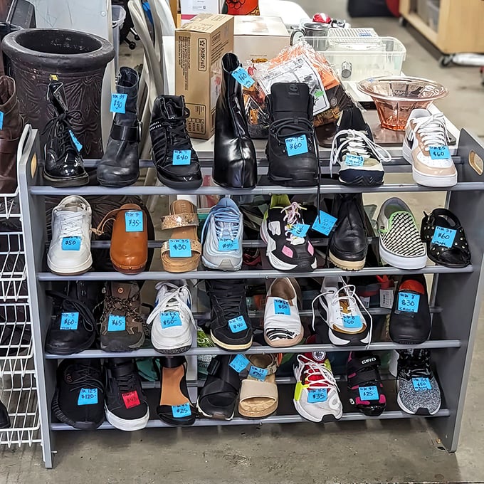 The shoe section: a podiatric wonderland where vintage loafers and barely-worn sneakers wait for their second chance at sidewalk fame.