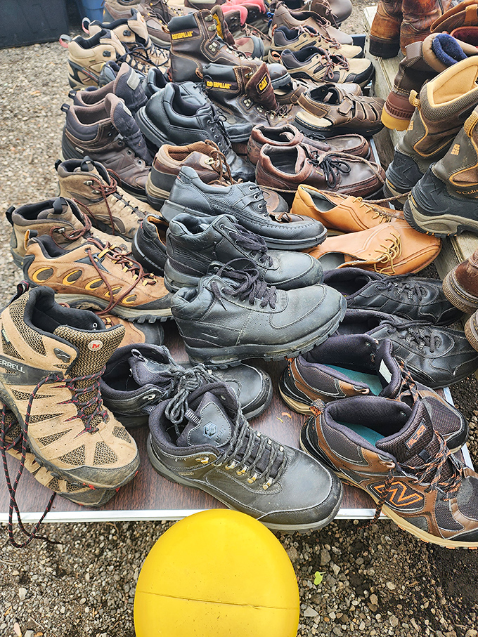 The boot brigade stands ready for Michigan's notorious weather challenges. These well-worn soles could tell tales of factory floors and forest trails.