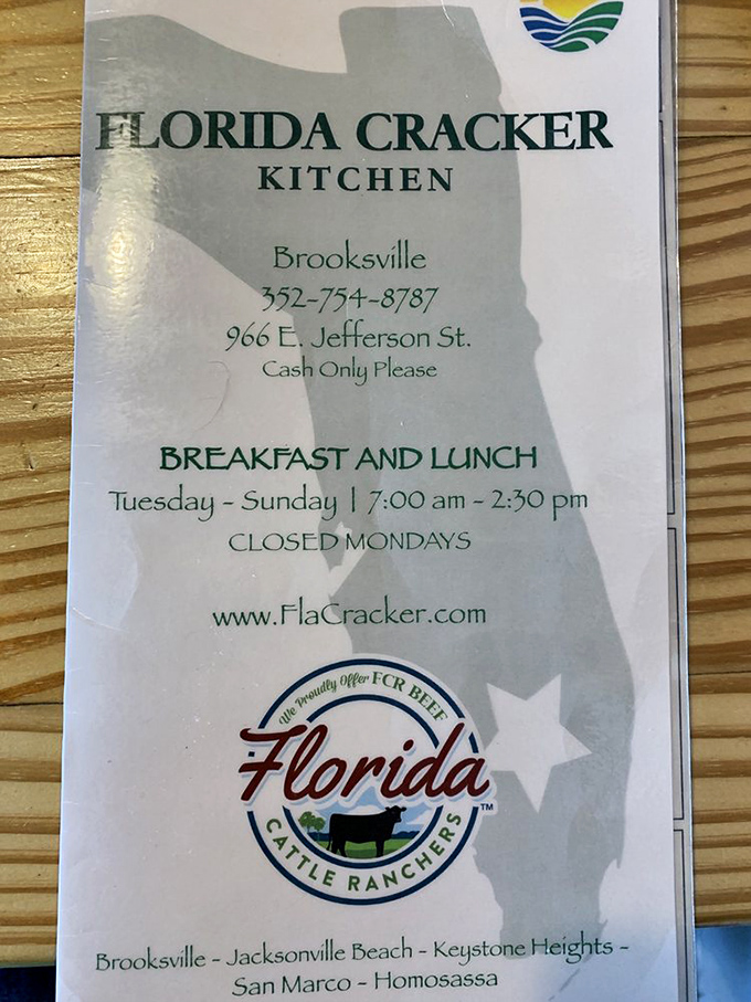The details tell the story—cash only, closed Mondays, and proudly serving Florida beef. Some traditions are worth preserving exactly as they are.