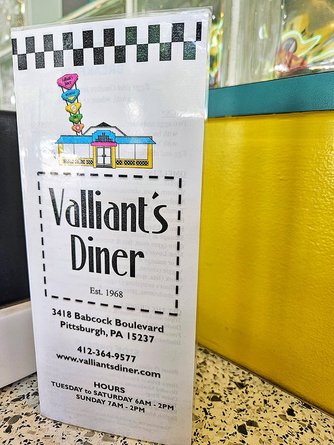 The menu stand reveals Valliant's has been serving Pittsburgh since 1968. That's longer than most marriages last in Hollywood.