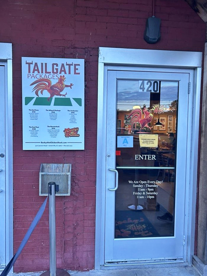 The entrance tells you everything you need to know—this place means business about chicken, seven days a week.