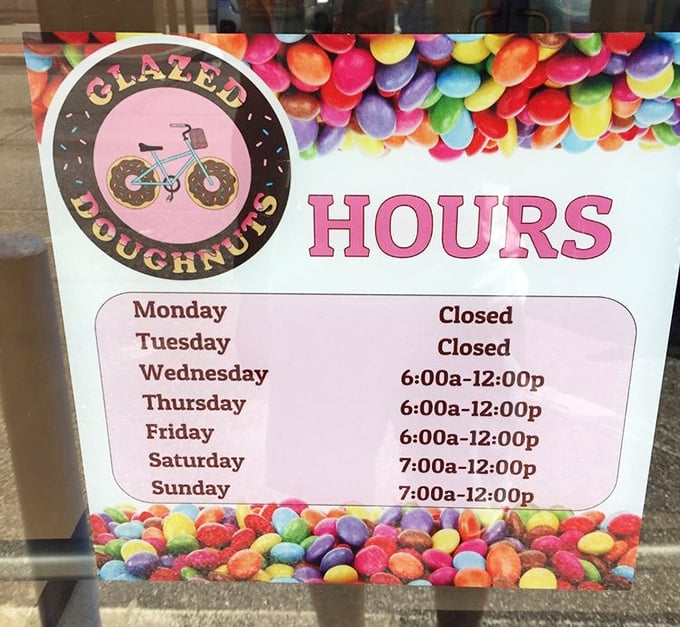 The hours sign featuring doughnuts as bicycle wheels is both adorable and strategic – you'll pedal here faster knowing they close at noon.