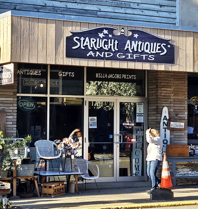 The Starlight Antiques storefront welcomes treasure hunters with its charming display. Billy Jacobs prints in the window hint at rural nostalgia inside.