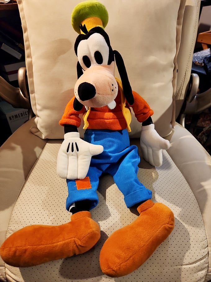 Goofy sits patiently, hoping for a second chance at bringing joy. In the stuffed toy section, childhood companions await new adventures.