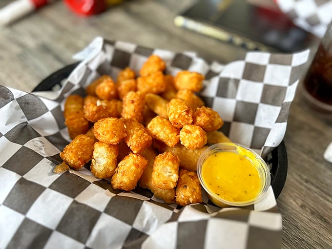 Golden tater tots that crunch like autumn leaves – these little potato gems are the perfect vehicle for that house-made dipping sauce.