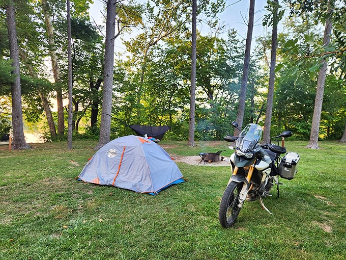 Motorcycle camping—the perfect compromise. All the freedom of the open road with the comfort of nature's five-billion-star accommodations.