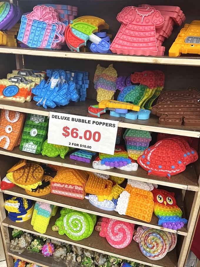 A rainbow explosion of fidget poppers and sensory toys – proving that even trends of the moment find their place in the flea market ecosystem.
