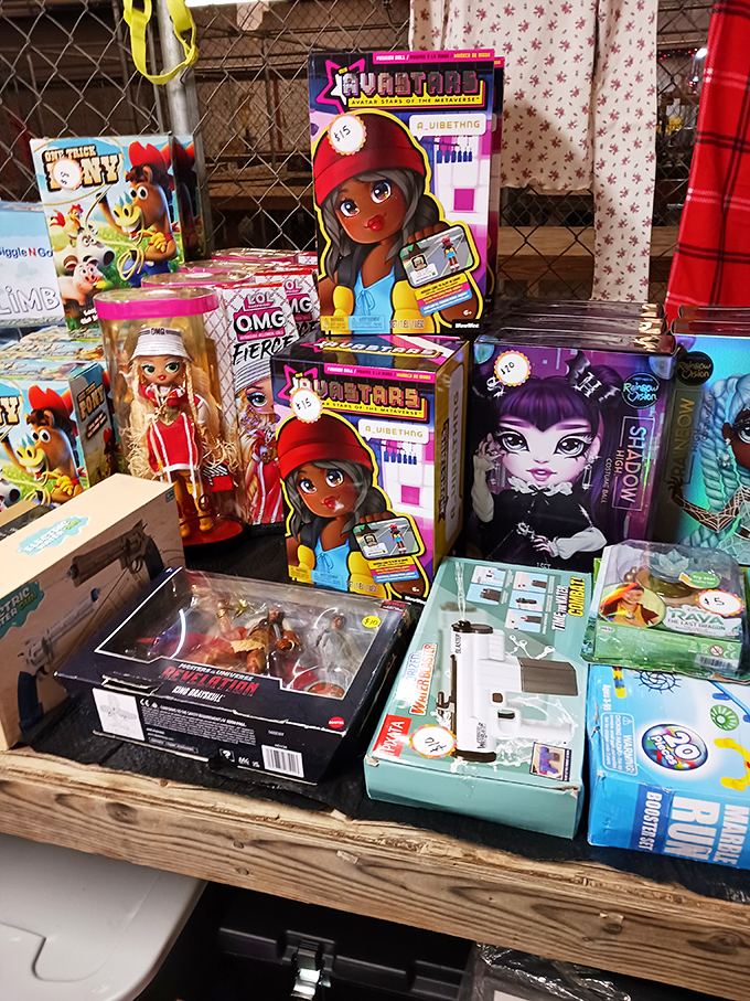 Modern toys in vintage surroundings—these colorful dolls and action figures show how today's pop culture finds its place among yesterday's treasures.