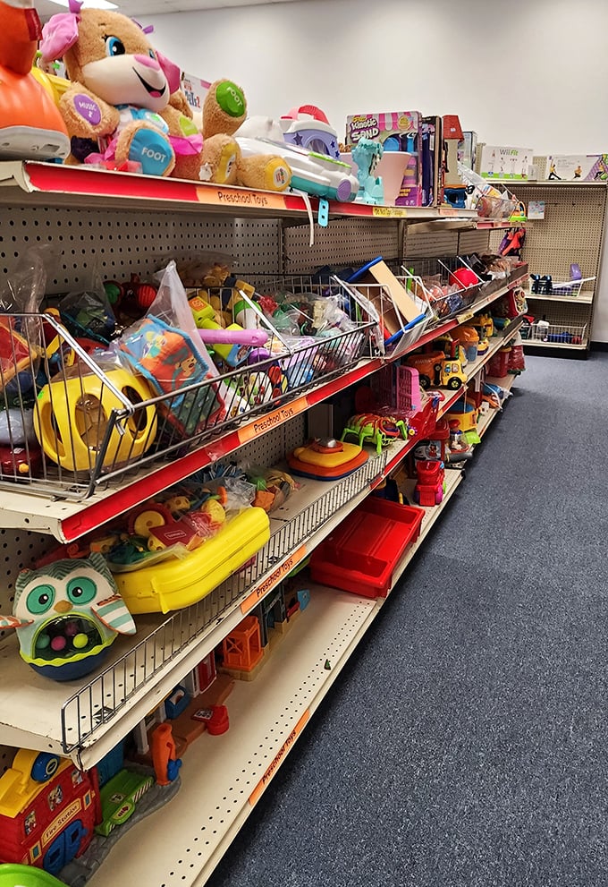 Toy story indeed! This colorful aisle of gently-loved playthings proves that imagination doesn't need a hefty price tag or fancy packaging.