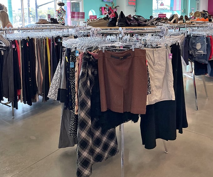 The skirt carousel: where plaid meets polka dots meets professional meets playful, all spinning together in perfect harmony.