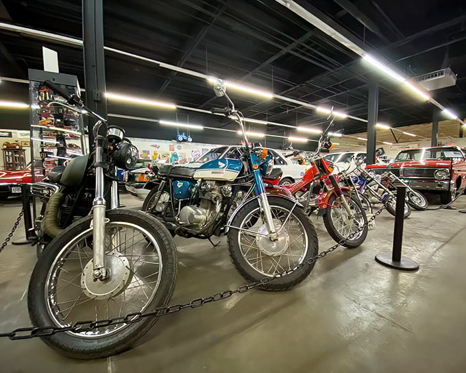 Two-wheeled freedom machines stand in silent formation, from an era when motorcycles weren't just transportation but statements of rebellion and adventure.