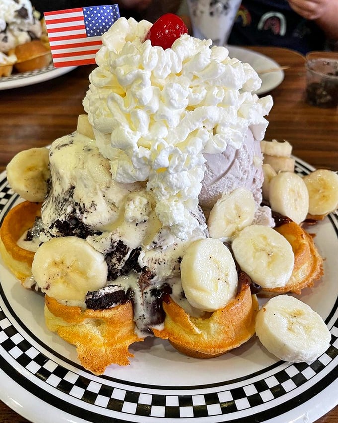 When waffles and ice cream get together, it's not a blind date—it's a marriage made in heaven with banana slices as the wedding guests.
