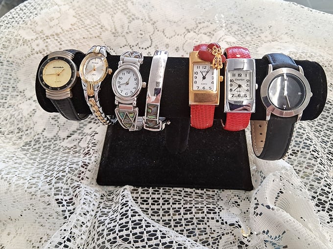 Time doesn't stop at Legacy Thrift – it's displayed on elegant wristbands waiting to mark someone else's minutes with vintage style.