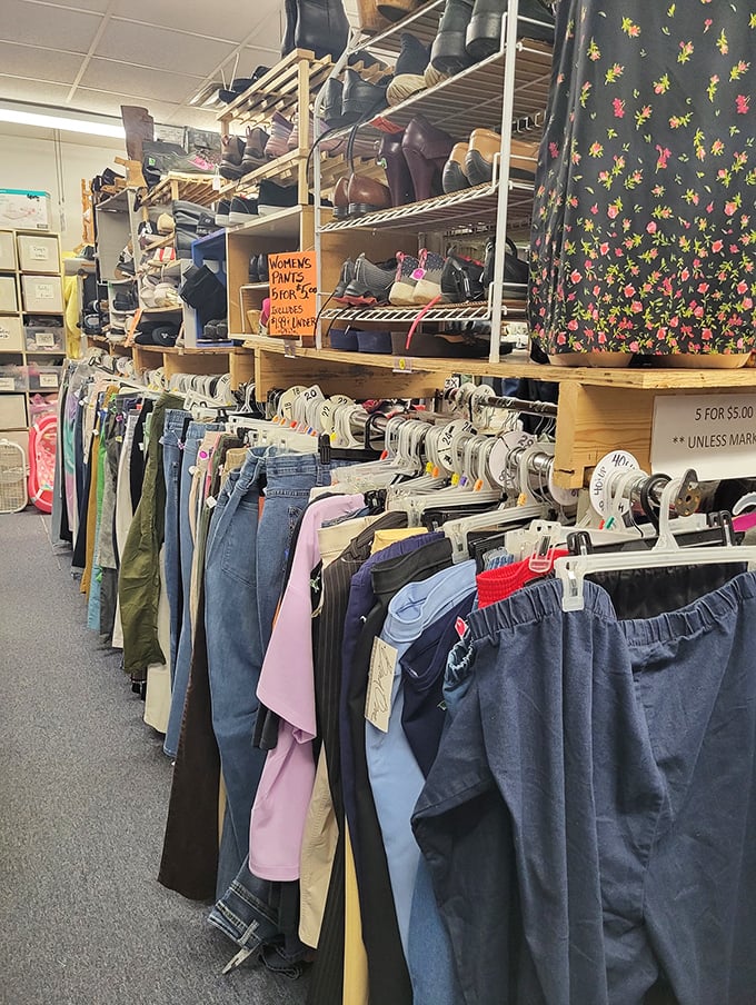 The denim rainbow—where your next favorite pair of jeans is hiding. Five for $5? That's not shopping, that's winning at life.