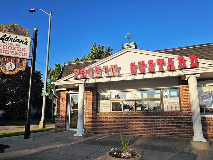 Adrian's stately columns and brick facade—the Supreme Court of custard, where every flavor gets a fair hearing.