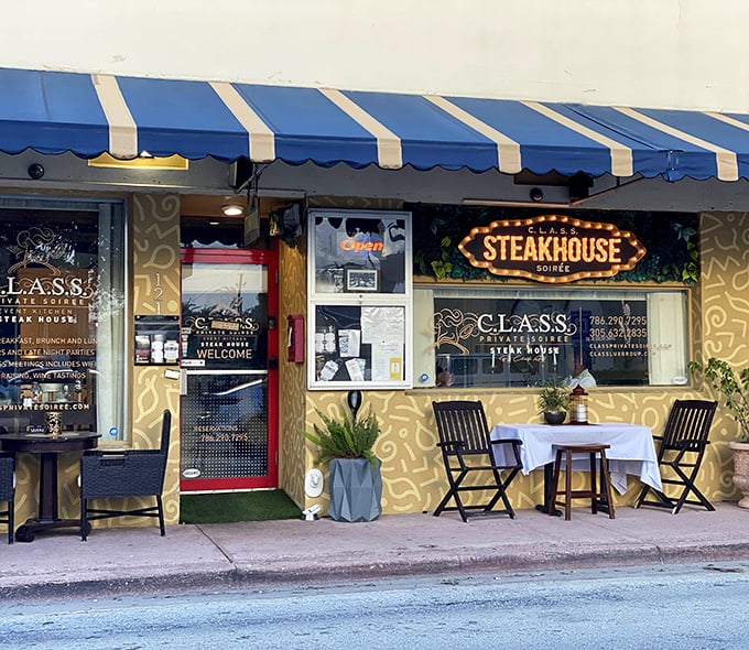 CLASS Soiree's glowing sign and sidewalk tables create an inviting atmosphere on this Hollywood street.