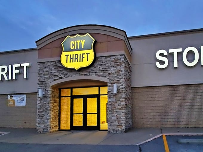 City Thrift's stone entrance adds upscale appeal – who says bargain hunting can't have a touch of class?