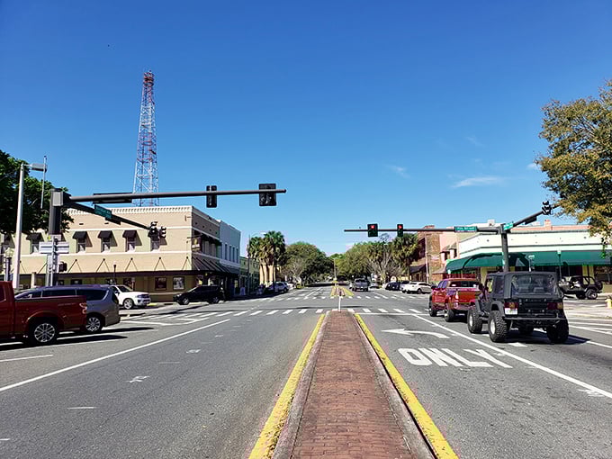 Historic brick buildings stand proud, holding decades of small-town stories within their walls.