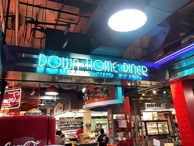 Neon dreams and steam rising from the grill—market dining at its finest. Reading Terminal's hidden gem glows with promise.