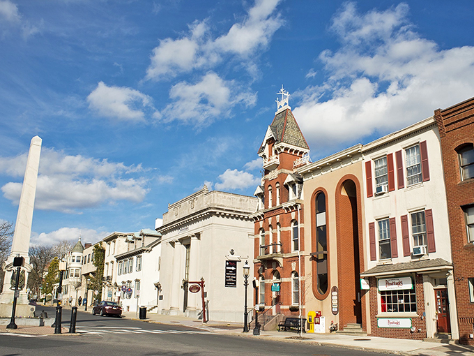 Doylestown's distinctive architecture stands proudly against a brilliant blue sky. Even the lampposts have personality here.