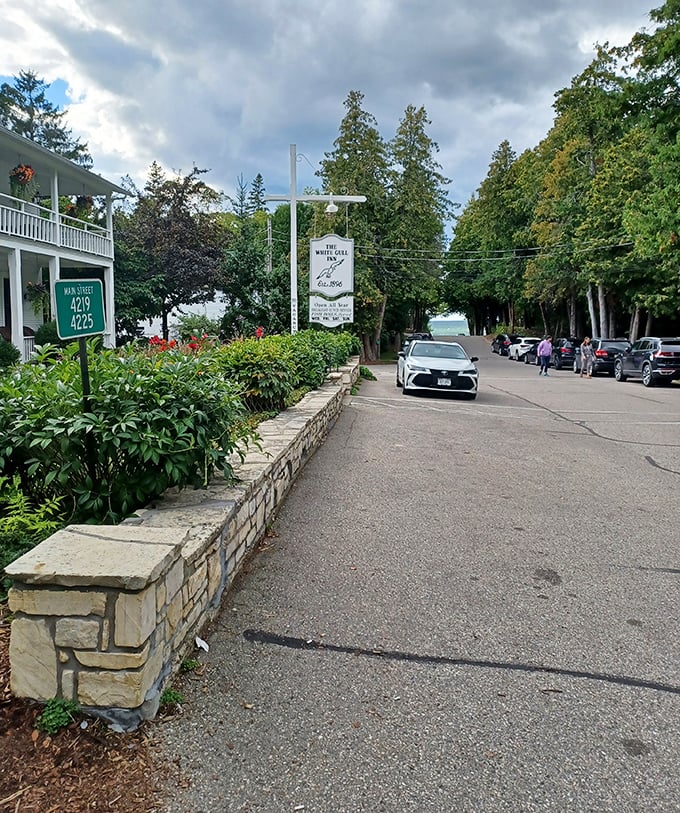 Fish Creek's main drag invites you to park the car and explore on foot – the water view at the end is worth every step.