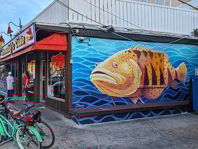 That grouper mural is practically winking at you! Frenchy's Original Cafe in Clearwater knows exactly what you came for—and they're not being subtle about it.