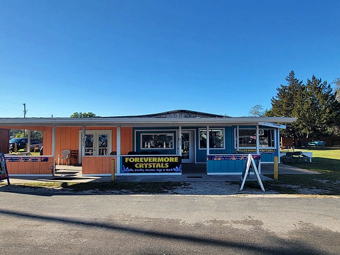 "Forevermore Crystals" in Homosassa Springs—where the building's vibrant colors compete with whatever sparkly treasures wait inside!