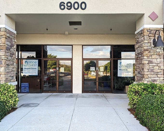 Hope Chest's elegant stone pillars frame an entrance worthy of the treasures within. Thrifting with a touch of class!