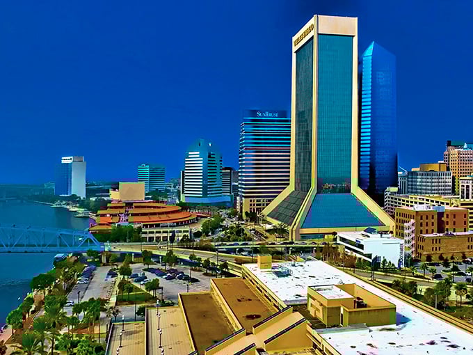Jacksonville's impressive skyline towers over the St. Johns River, while down below, dining prices remain refreshingly grounded.