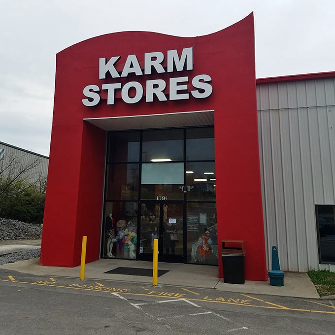 KARM's dramatic red entrance stands out like a superhero headquarters for secondhand shopping.