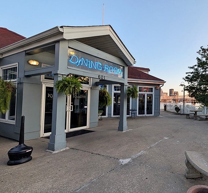 Kingfish's waterfront dining room glows with promise as the Ohio River flows by – dinner with a view!