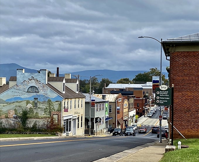 Luray's sloping main street leads the eye toward mountains that seem painted by Bob Ross himself—"happy little buildings" included.