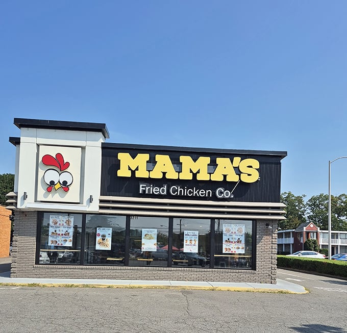 Mama's cartoon chicken mascot looks suspiciously happy for someone about to become dinner – must know something we don't.