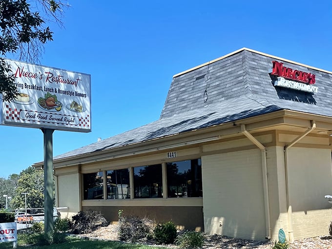 Niecie's sunny exterior promises bright flavors inside. That sign advertising "Good Food Served Right" isn't just clever wordplay—it's a mission statement!