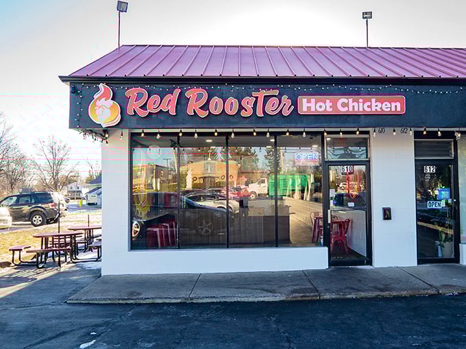 Red Rooster's clean, modern storefront houses some seriously traditional hot chicken. Don't let the simple exterior fool you—flavor fireworks await inside!