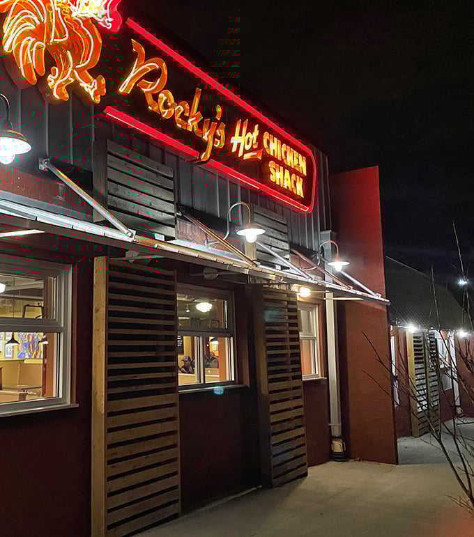 That glowing rooster means business – Nashville hot chicken has found its fiery home in Greenville.