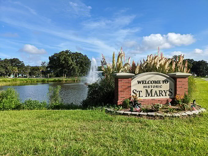 St. Marys welcomes visitors with a picturesque pond and fountain. That "Historic" sign isn't kidding—this place is timeless.