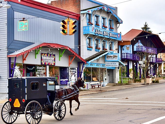 Horse-drawn buggies navigate Sugarcreek's streets like living postcards from Ohio's Little Switzerland, keeping tradition beautifully alive.