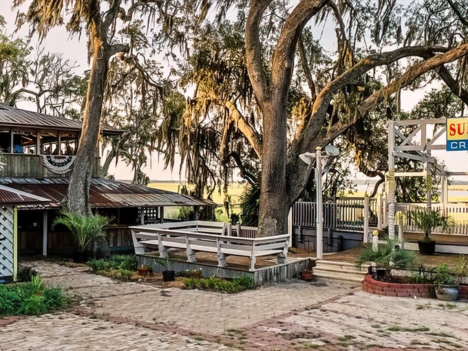 Sunbury Crab Company's weathered wood and Spanish moss – where time slows down and seafood memories are made.