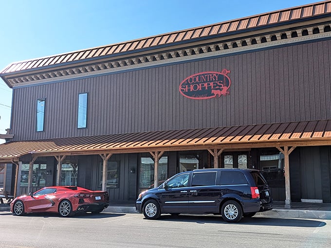 The Country Shoppes of Grabill wears its rustic charm on its sleeve—that wooden exterior promises authentic treasures inside.