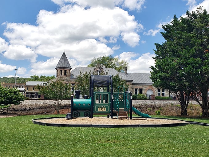 All aboard! A charming train-themed playground in Fort Payne, with the town’s rich railroad history in the backdrop.