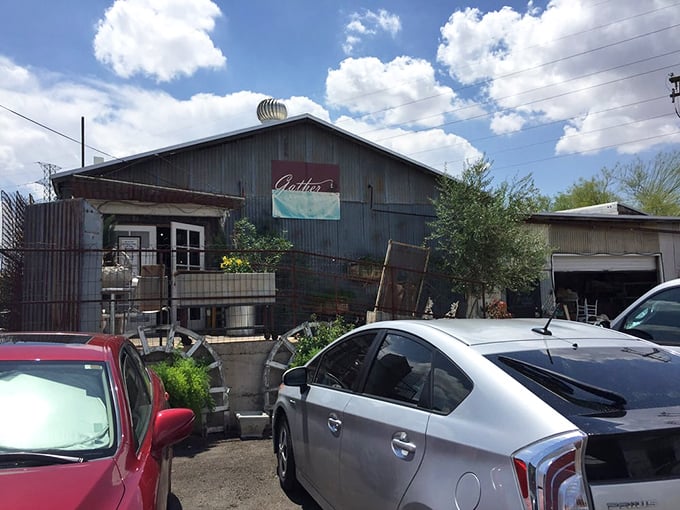 Rustic on the outside, refined within! Gather's metal siding and desert landscaping create the perfect backdrop for vintage hunting.