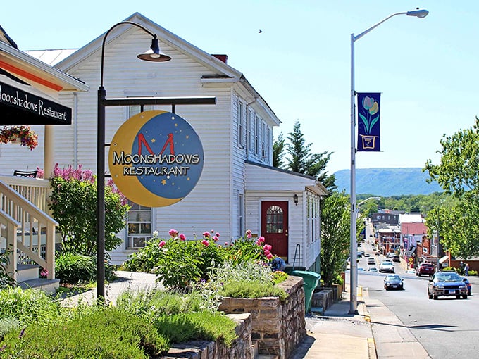 Moonshadows Restaurant in Luray offers cosmic comfort with a side of garden-fresh curb appeal—that sign is practically winking at hungry travelers.
