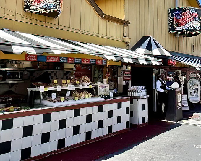 Fisherman's Wharf tradition lives on - where checkered awnings and fresh catches create timeless Monterey memories.